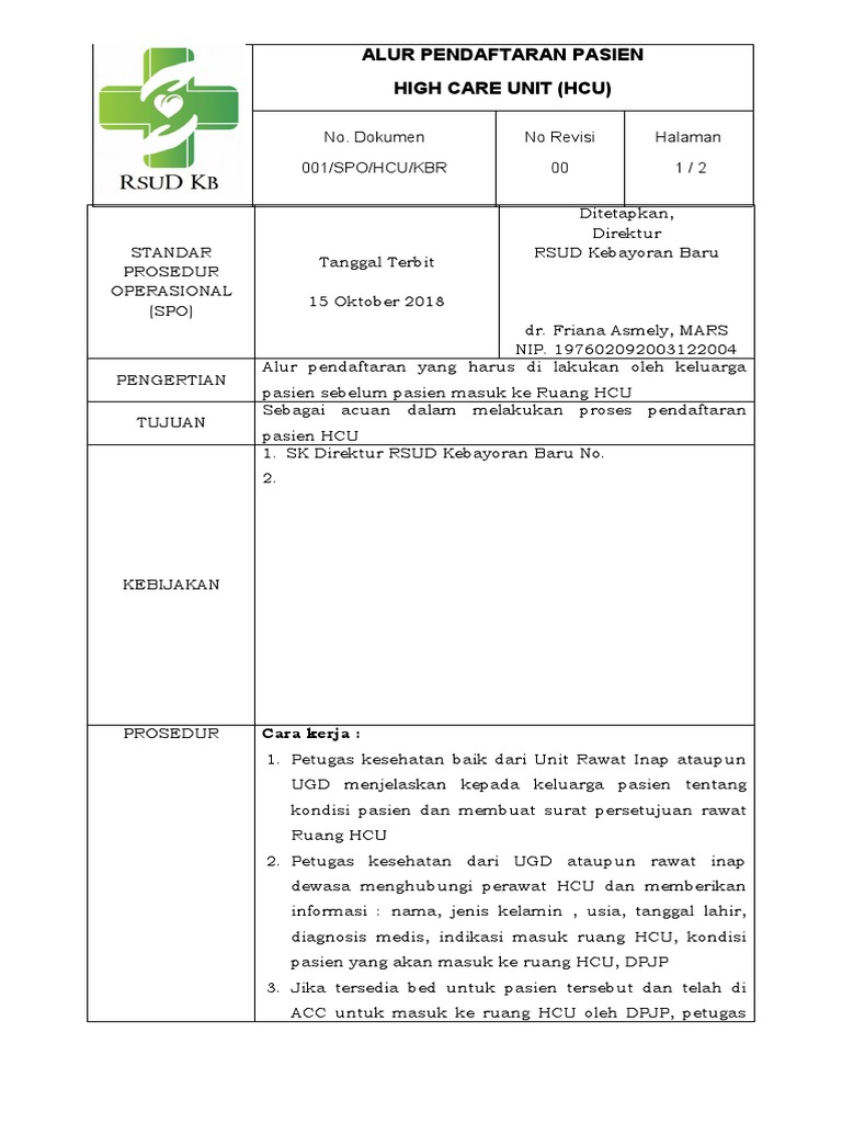 01.sop Alur Pendaftaran Pasien Hcu | PDF