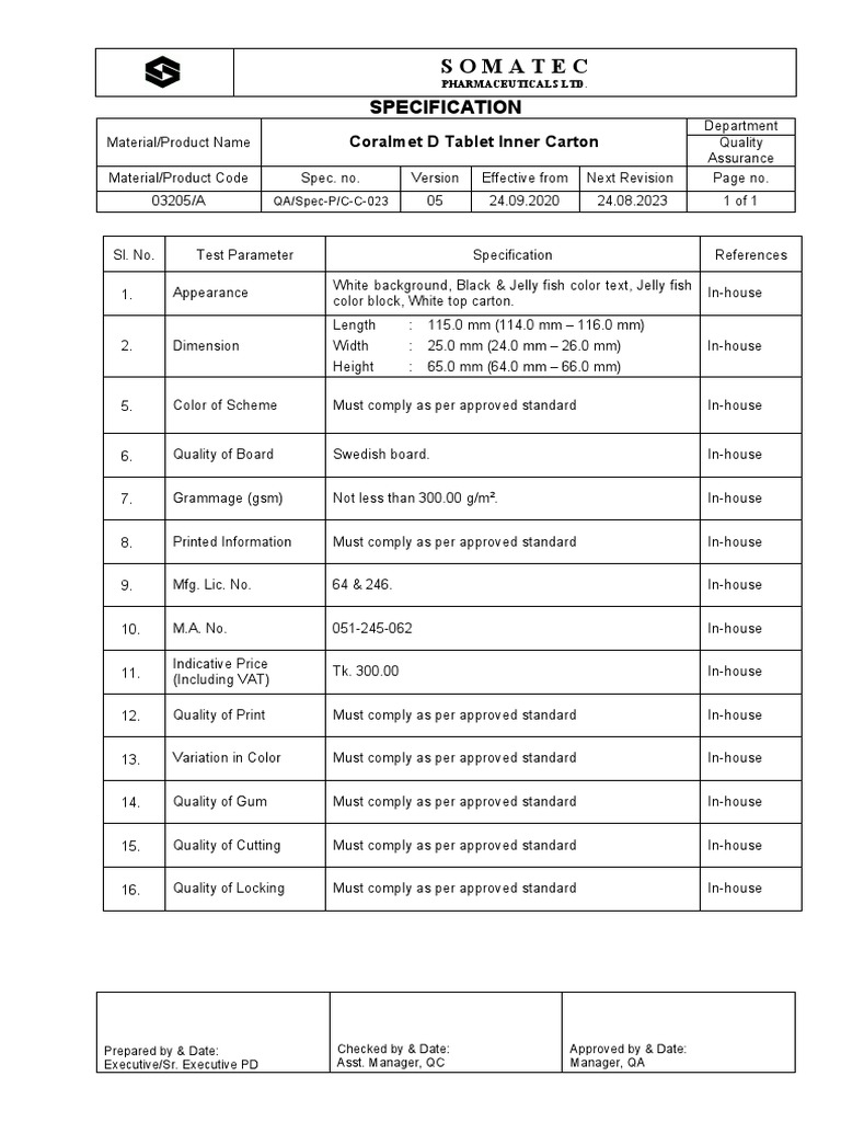 Packaging Material Specification Sheet | PDF | Specification (Technical Standard)