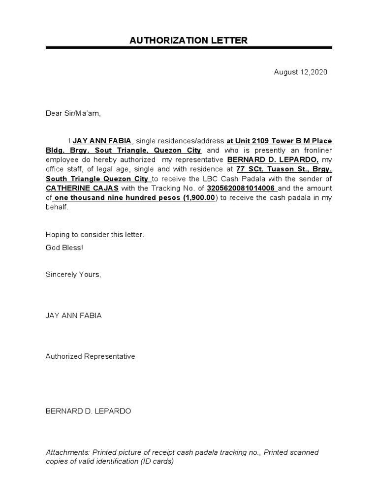 AUTHORIZATION LETTER For LBC | PDF