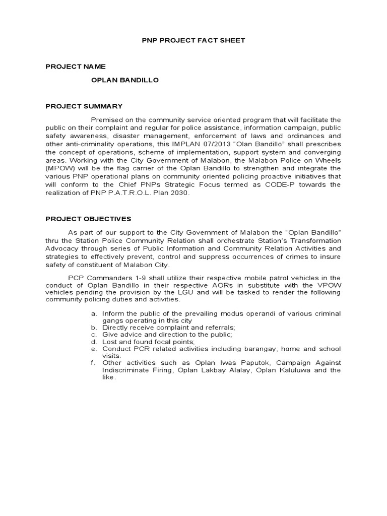 PNP PROJECT FACT SHEET Oplan Bandillo 1st Q | PDF | Community Policing ...