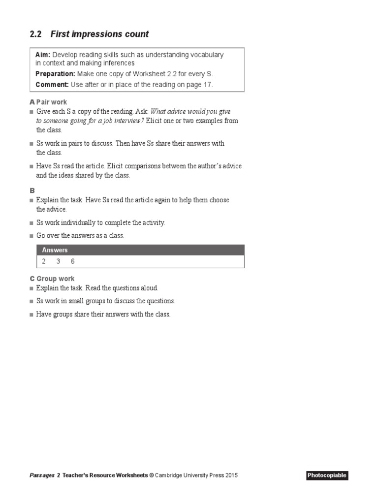 Passages3e SB2 Unit2 Teacher Resource Worksheet 2 | PDF