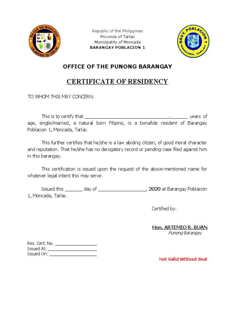 Certificate of Residency for [NAME] Issued by Barangay Poblacion 1 in ...