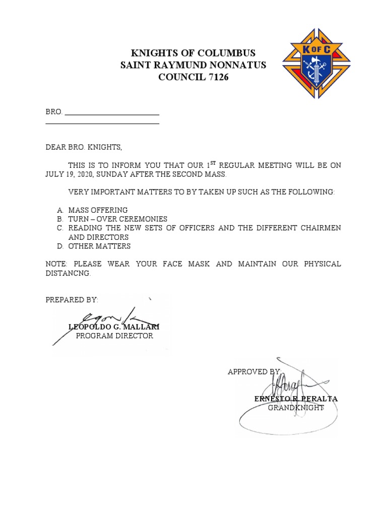 KNIGHTS OF COLUMBUS 1st Regular Meeting | PDF | Civil Engineering ...