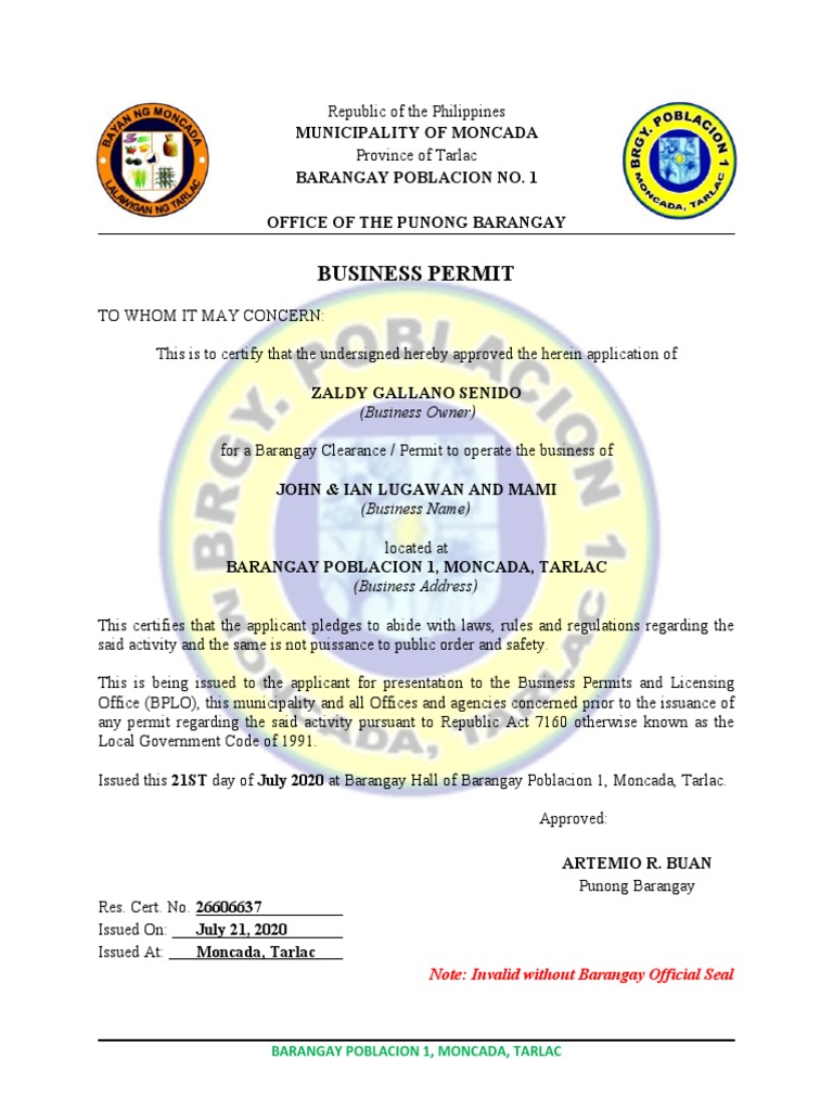 Barangay Business Permit Certification | PDF | Government | Social ...