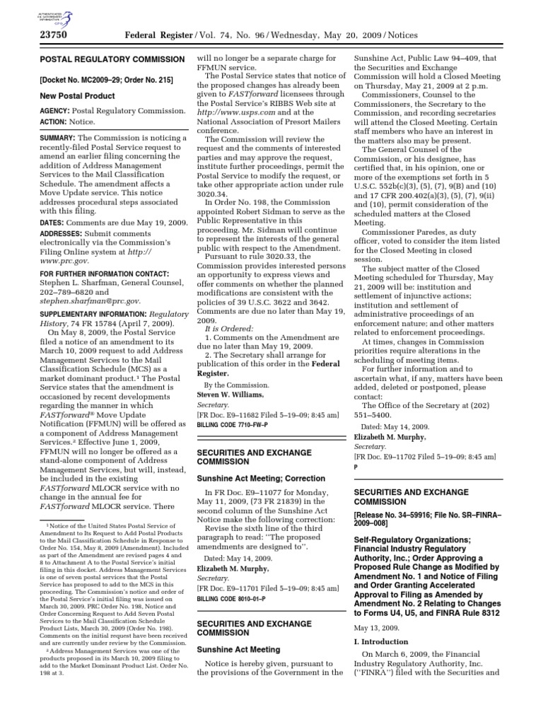 Federal Register / Vol. 74, No. 96 / Wednesday, May 20, 2009 / Notices ...