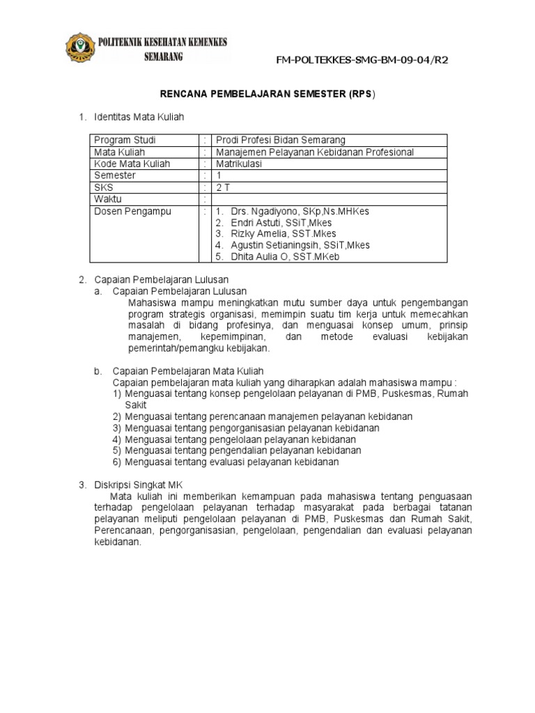 RPS MANAJEMEN YAN KEBIDANAN PROFESIONAL.2020. Bahan Kajian Gabungan | PDF