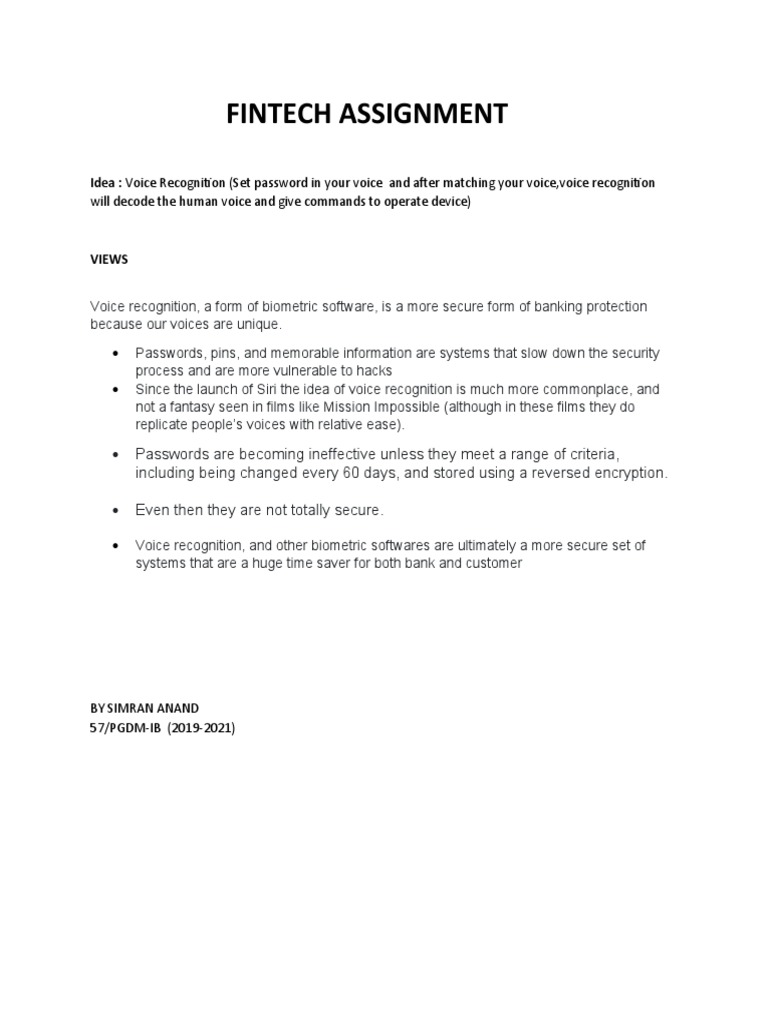 Fintech Assignment: Idea: Voice Recognition (Set Password in Your Voice and After Matching Your ...