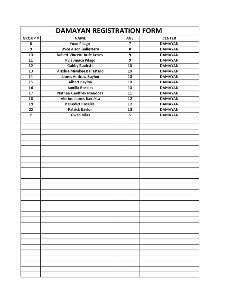 Damayan Registration Form: Group # Name AGE Center | PDF