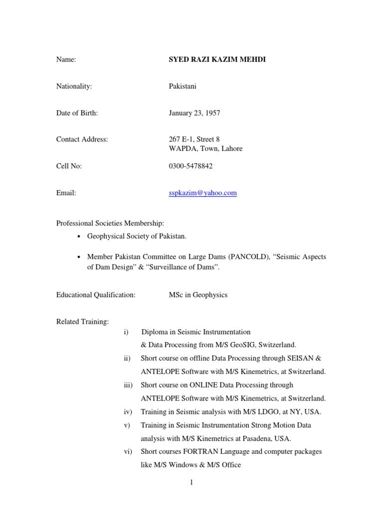 CV Syed Kazim Mehdi 1 | PDF | Seismology | Earthquakes