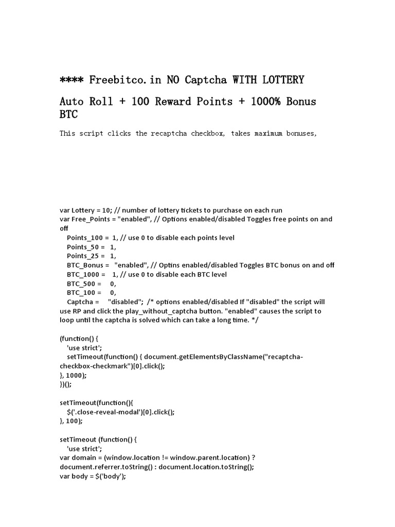 Freebitco - in NO Captcha WITH LOTTERY Auto Roll + 100 Reward Points + 1000% Bonus BTC | PDF ...
