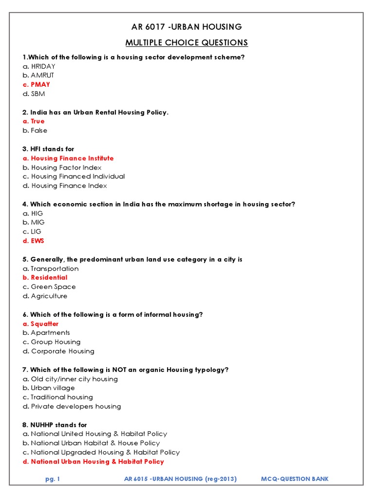 AR 6017 - Urban Housing MCQ | PDF | Policy | Economies