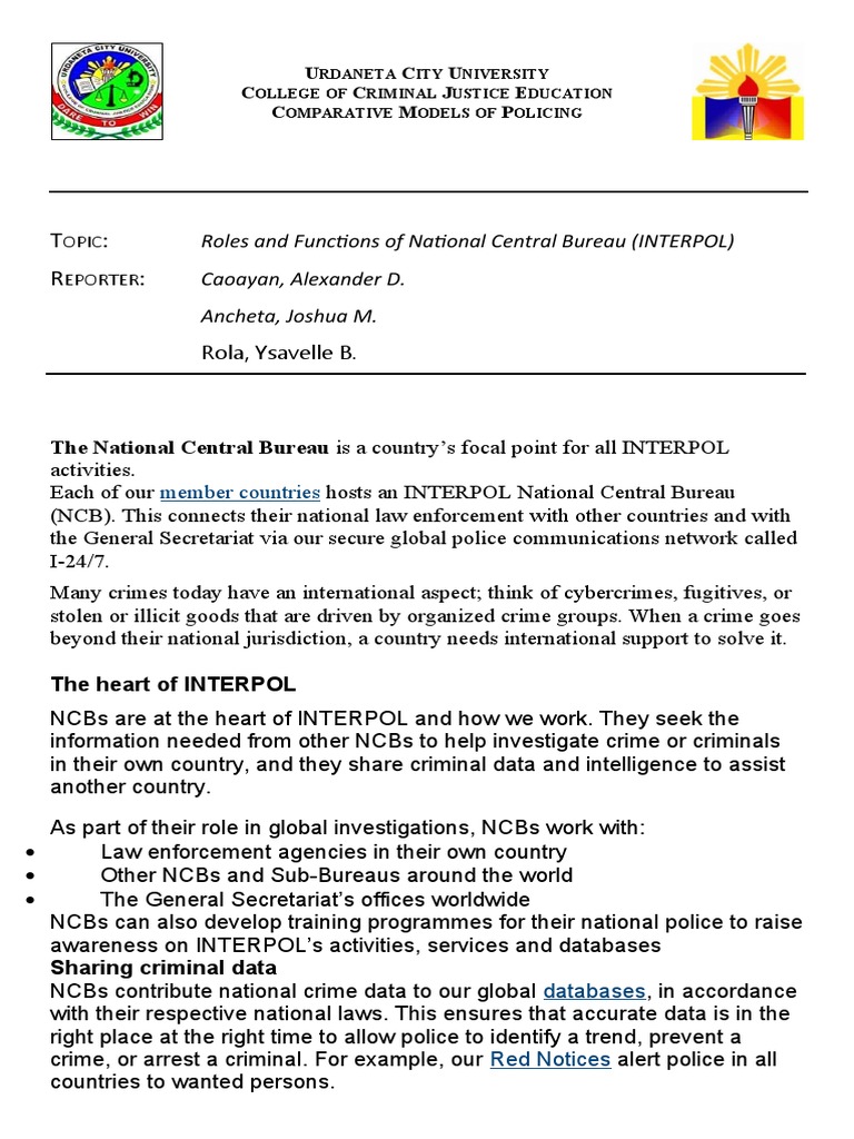 Roles and Functions of National Central Bureau (INTERPOL) Caoayan ...