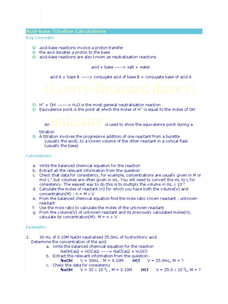 Acid-Base Titration Calculation Guide | PDF | Titration | Chemistry
