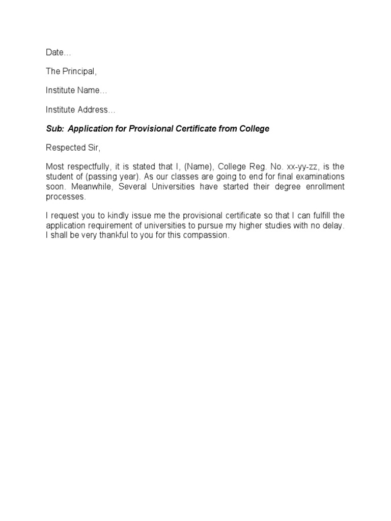Provisional Certificate Application Letter | PDF