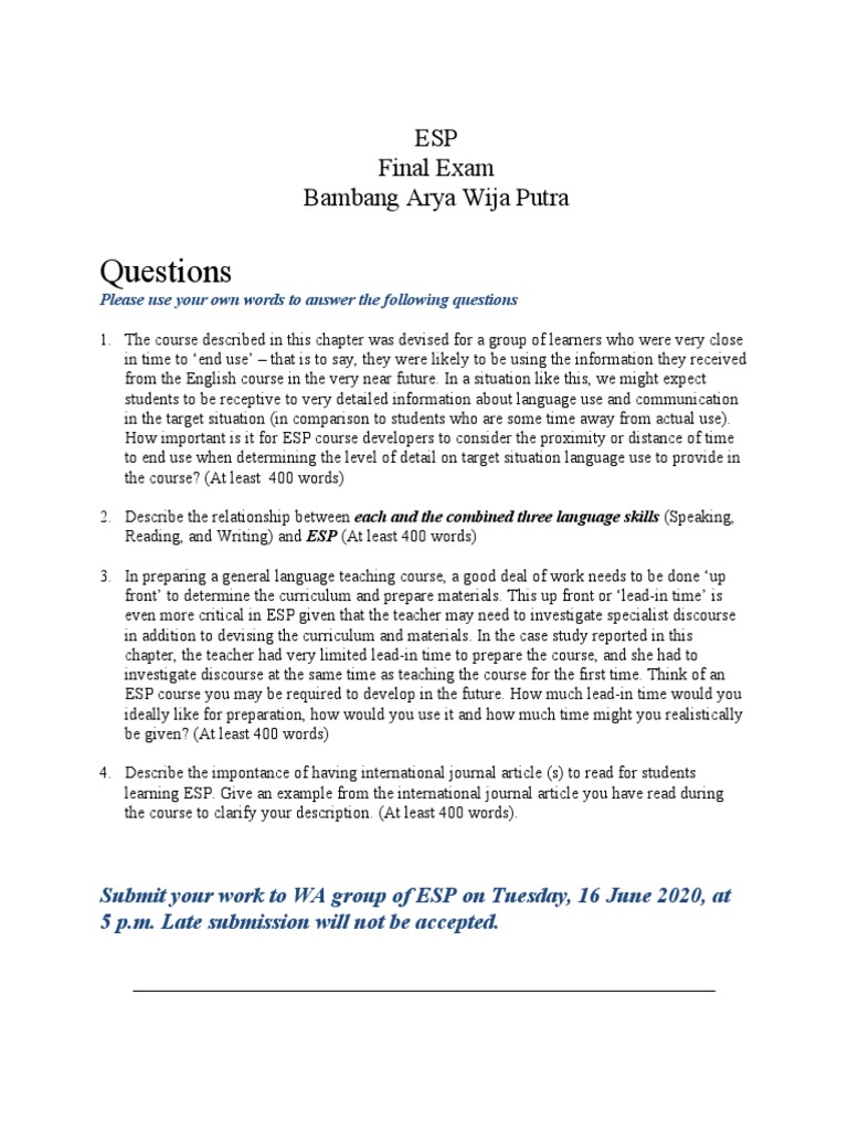 Questions: ESP Final Exam Bambang Arya Wija Putra | PDF