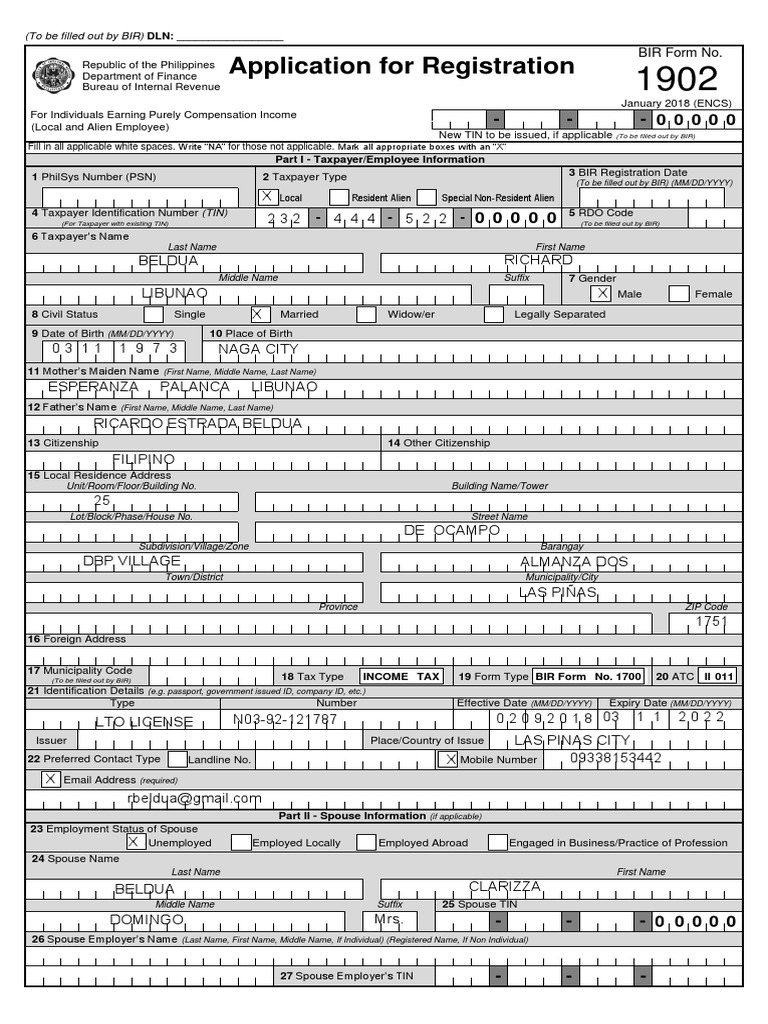 BIR Form 1902: Registration for Employees | PDF | Identity Document ...