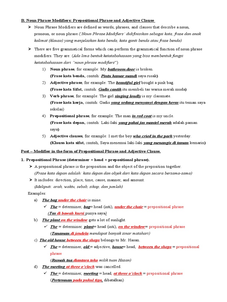 B NOUN PHRASE MODIFIER Prepositional Phrase and Adjective Clause | PDF ...