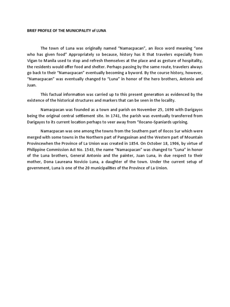 Brief Profile of The Municipality of Luna | PDF