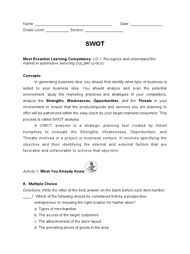 Automotive-Environment and Market-Lo1-Activity Sheets | PDF | Swot ...