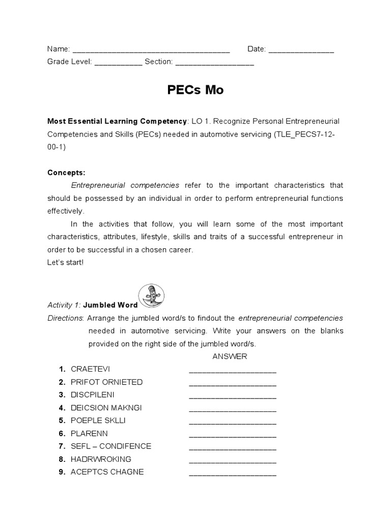 PECs for Automotive Servicing Skills | PDF | Entrepreneurship | Applied ...