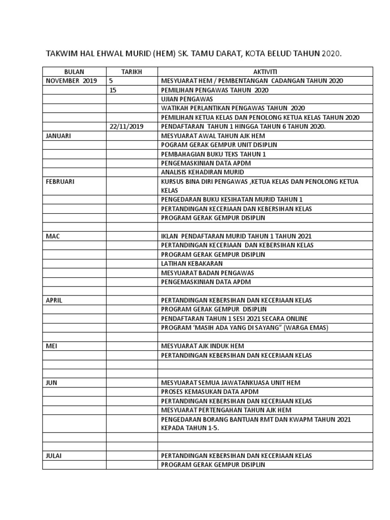 Takwim Hal Ehwal Murid | PDF