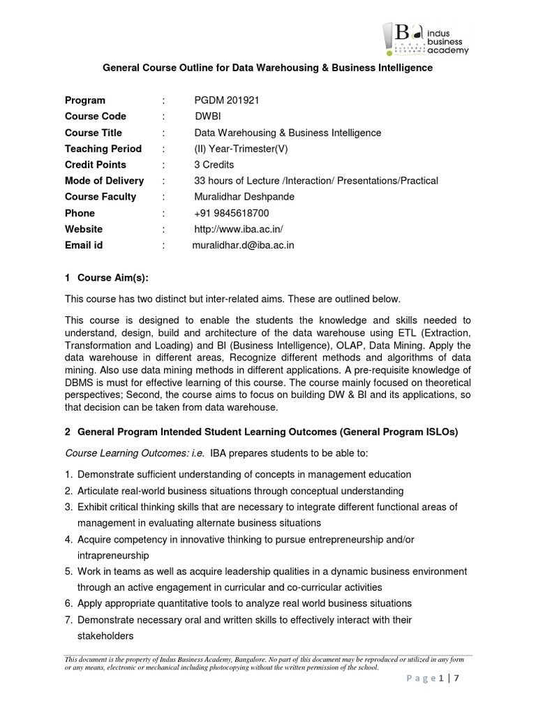 Data Warehousing Business Intelligence Syllabus - 1921-T5 PDF | PDF | Data Warehouse | Business ...