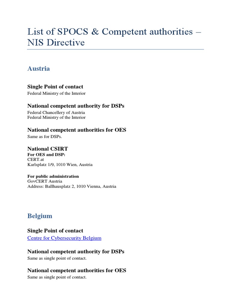 List of SPOCS & Competent Authorities - NIS Directive: Austria ...