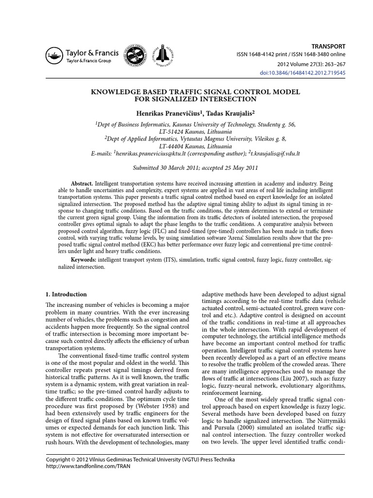 Knowledge Based Traffic Signal Control Model For Signalized Intersection | PDF | Traffic | Fuzzy ...