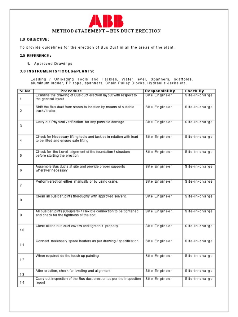 Method Statement - Bus Duct | Download Free PDF | Crane (Machine ...