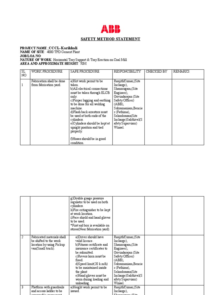 Method Statement For Horizontal Tray Erection. | PDF | Safety ...