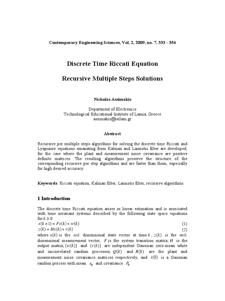 Discrete Time Riccati Equation | PDF | Kalman Filter | Linear Algebra