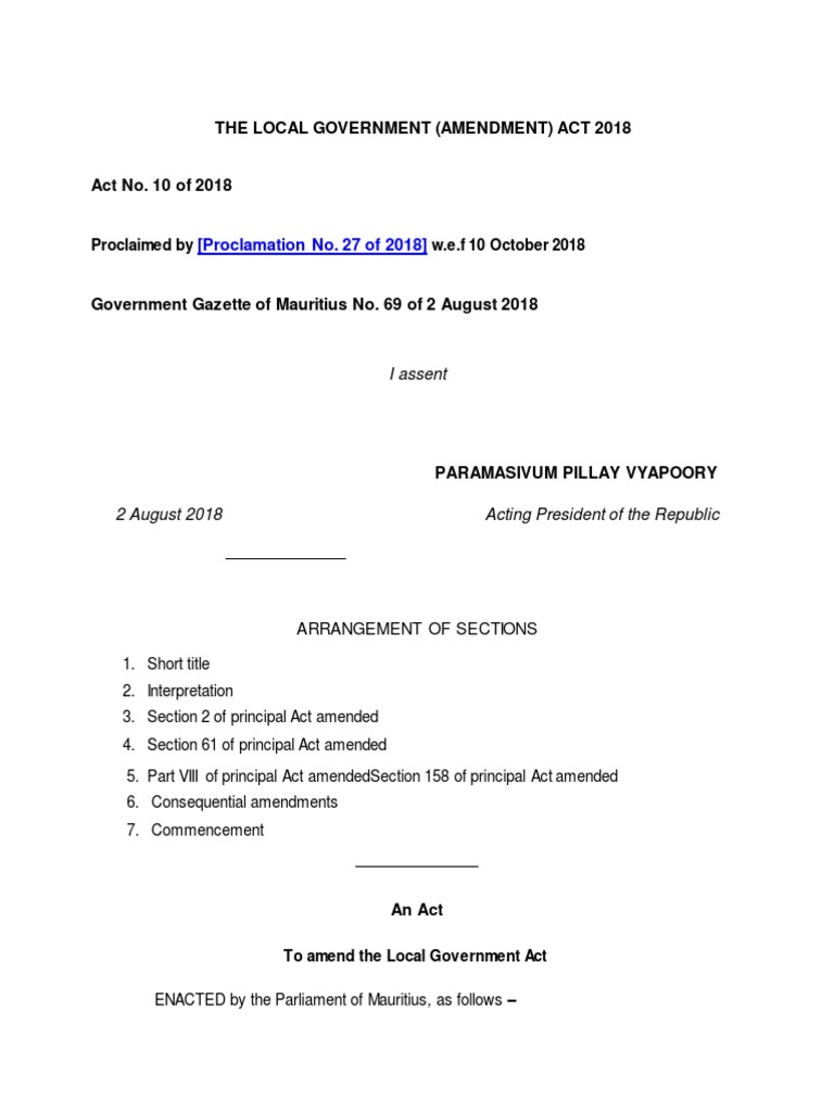 The Local Government (Amendment) Act 2018: (Proclamation No. 27 of 2018 ...