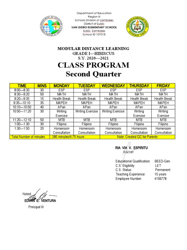 Class Program Grade One 2ND Quarter | PDF | Schools | Learning