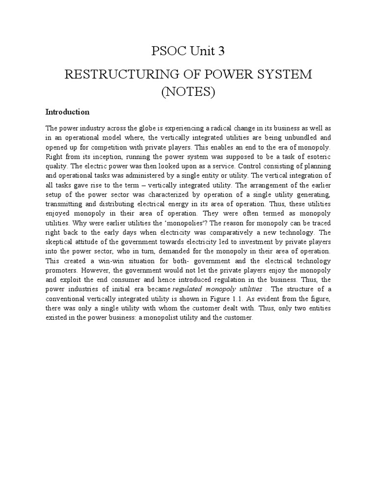 Psoc Unit 3 Restructuring Of Power System Notes Pdf Deregulation Electric Power Transmission