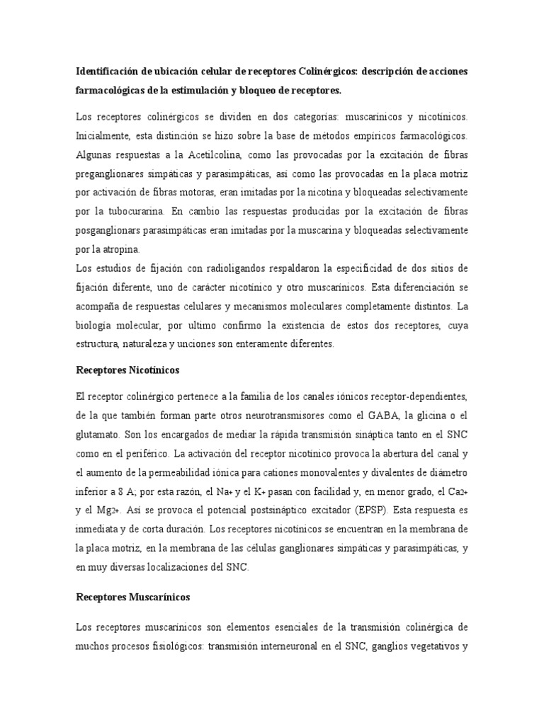 Receptores Colinergicos | PDF | Acetilcolina | Fisiología