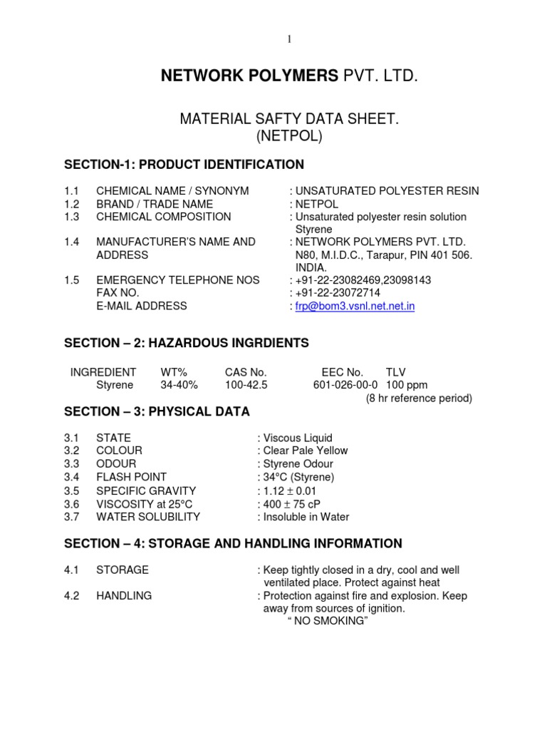 MSDS Network Polymers U P Resin PDF | PDF | Breathing | Dangerous Goods