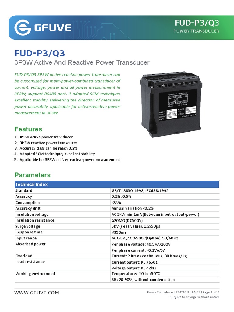 FUD P3 Q3 Power Transducer GFUVE | PDF | Alternating Current | Ac Power
