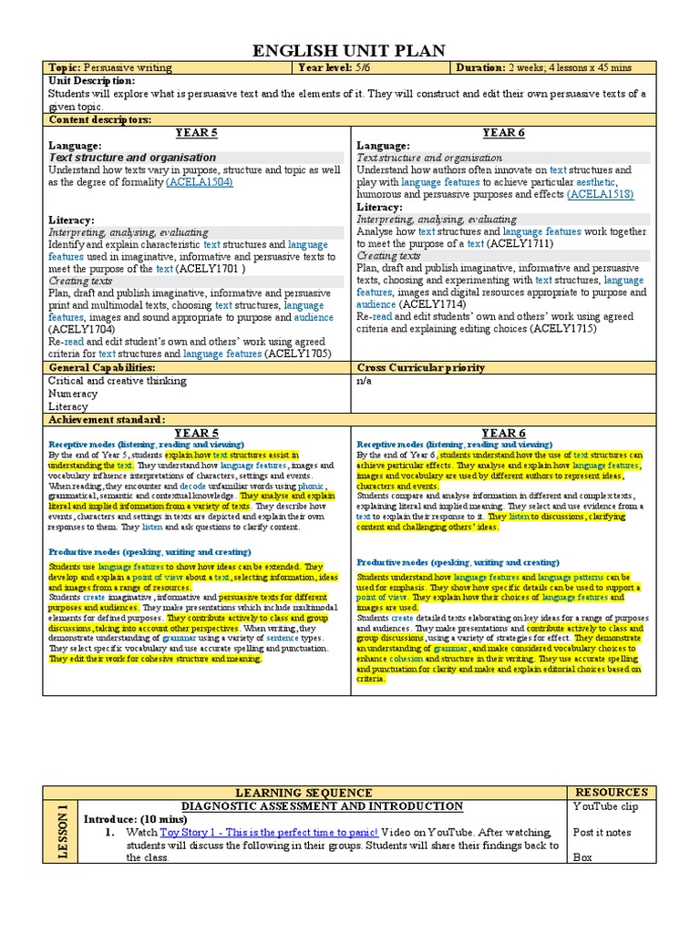 Persuasive Writing Unit Plan for Grades 5/6 | PDF | Vocabulary ...