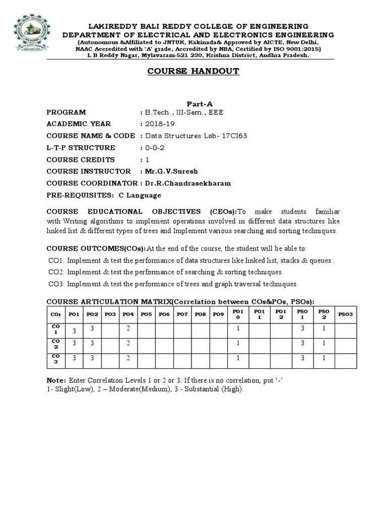 Data Structures Lab (EEE-B) LESSON PLAN | PDF | Engineering | Design