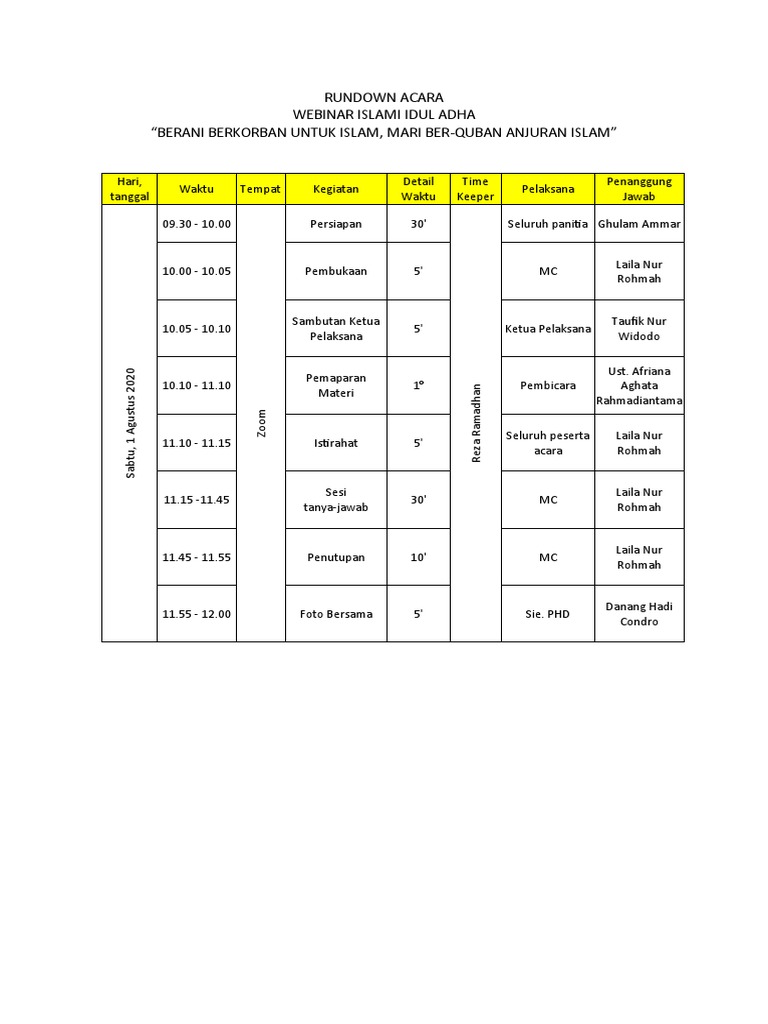 Rundown Acara Webinar Islami Idul Adha 2020 | PDF