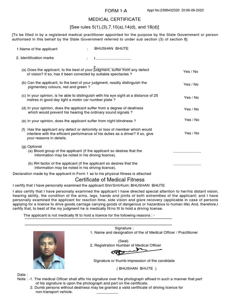 Form 1-A: Certificate of Medical Fitness | PDF | Driver's License | License