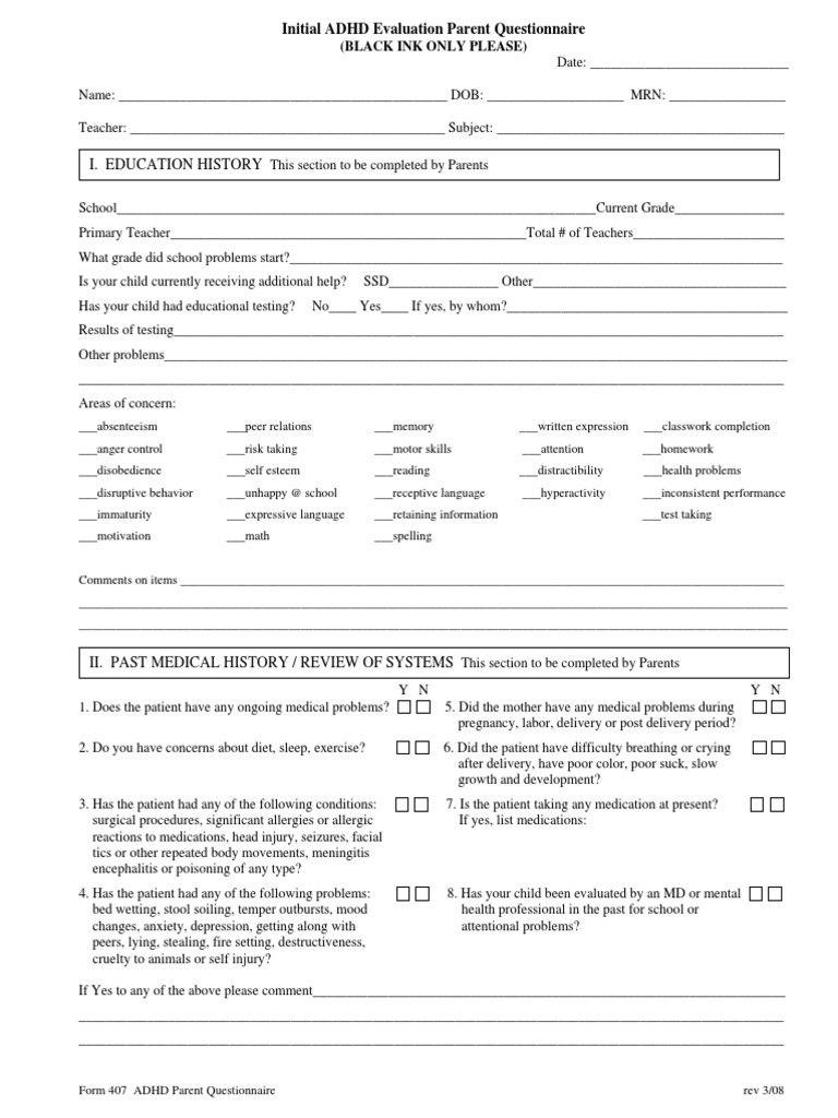 ADHD Parent Questionnaire PDF | PDF | Attention Deficit Hyperactivity ...
