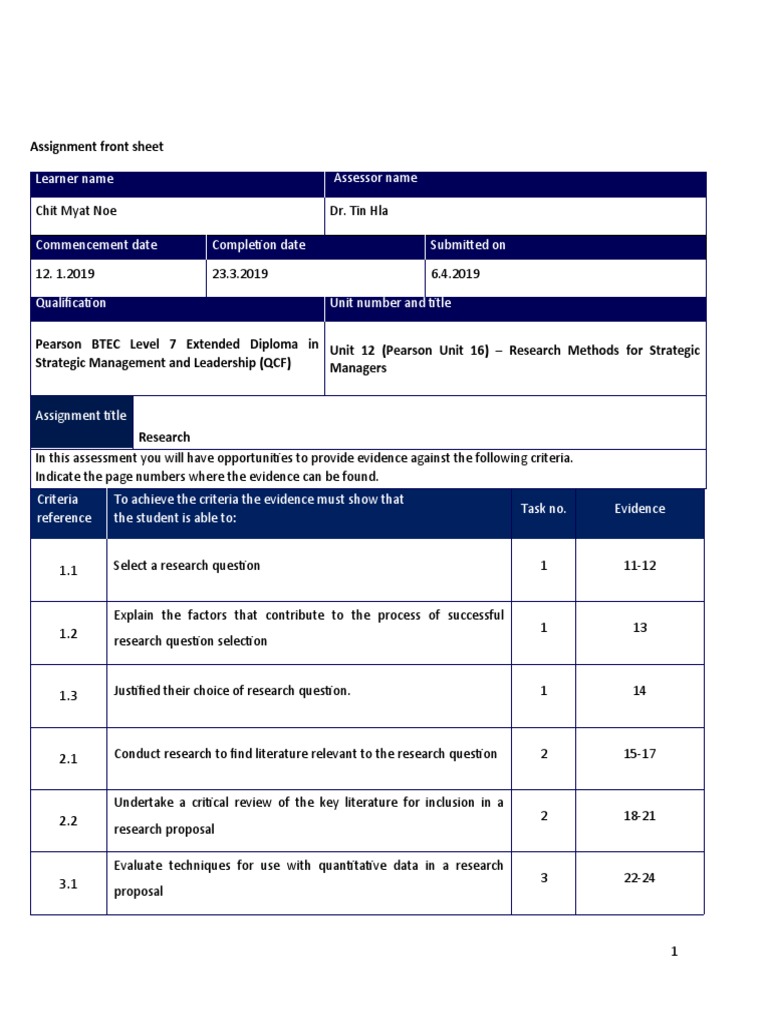 Learner Name Assessor Name: Assignment Front Sheet | PDF | Job Satisfaction | Motivation