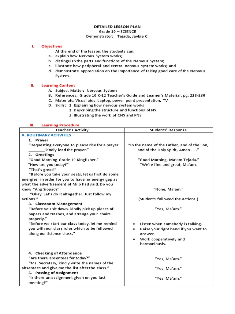 I. Objectives: Detailed Lesson Plan | PDF | Human Body | Primate Anatomy