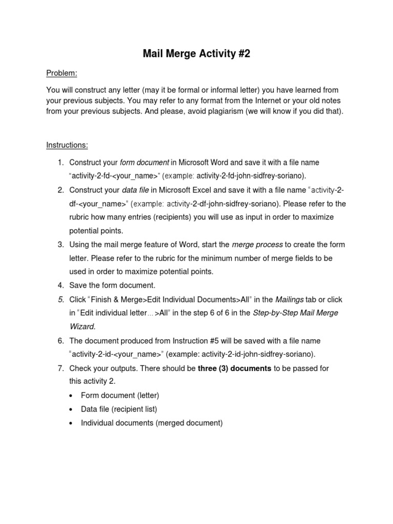 A Guide to Completing Mail Merge Activity #2: Constructing Form Letters with Multiple Data ...