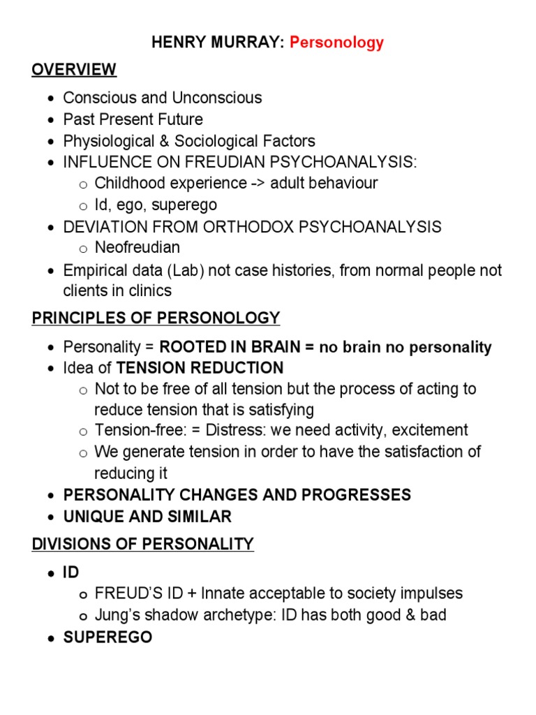 Henry Murray:: Personology | PDF | Id | Psychological Theories