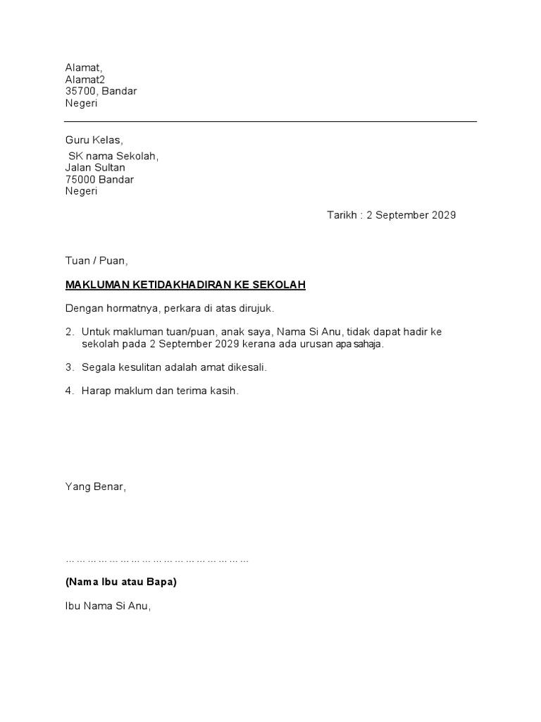 Surat Ponteng Sekolah | PDF