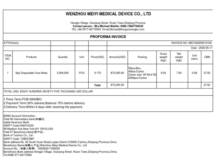 Wenzhou Meiyi Medical Device Co., LTD: Proforma Invoice | PDF ...