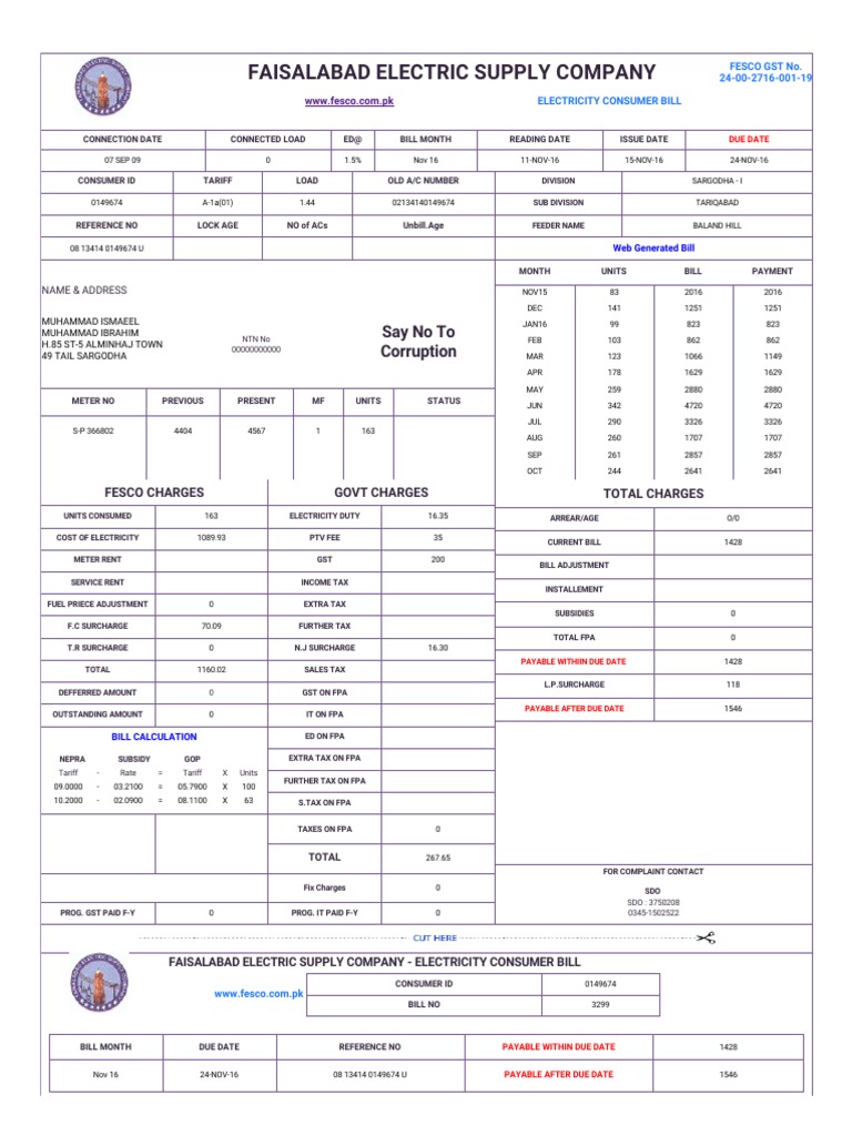 FESCO Electricity Bill Nov 2016 | PDF | Value Added Tax | Government Finances