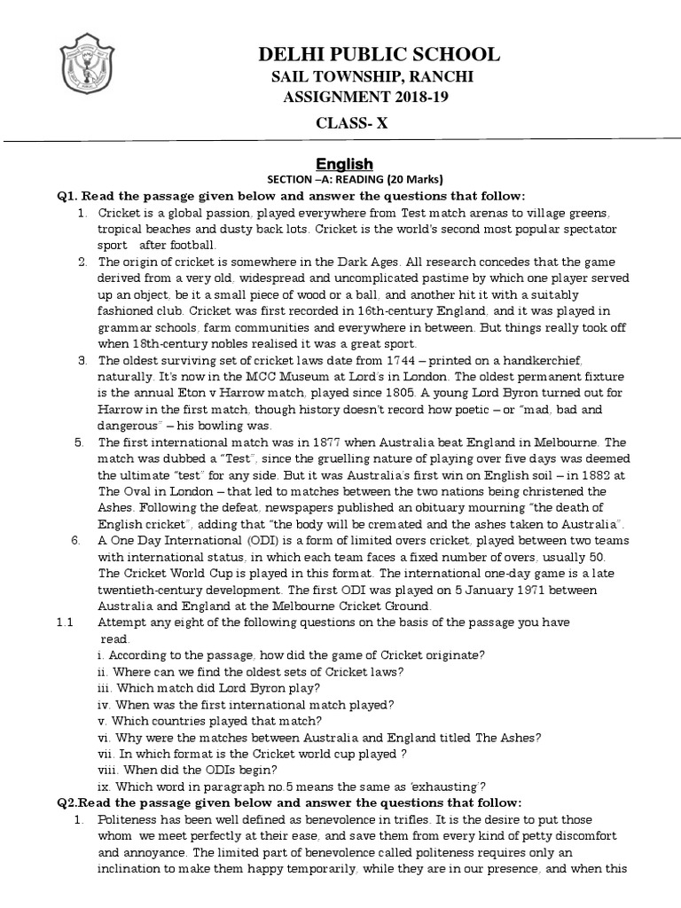 Delhi Public School: Sail Township, Ranchi ASSIGNMENT 2018-19 Class-X ...